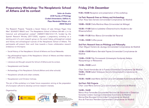 I Workshop. Dec. 21, 2018 – La Escuela Neoplatónica de Atenas